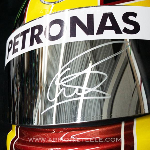 LEWIS HAMILTON 2017 SIGNED HELMET YELLOW MIRRORED VISOR TRIBUTE 1:1 FU ...
